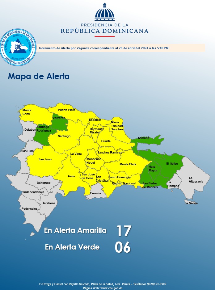 COE aumenta a 17 las provincias en alerta amarilla por lluvia